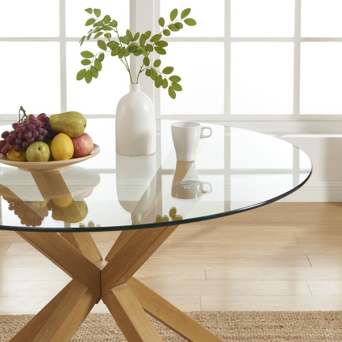 Glass table with oak legs store